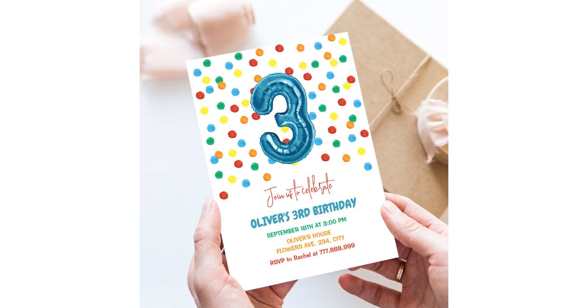 Colorful Confetti Three Balloon 3rd Birthday Boy Invitation | Zazzle
