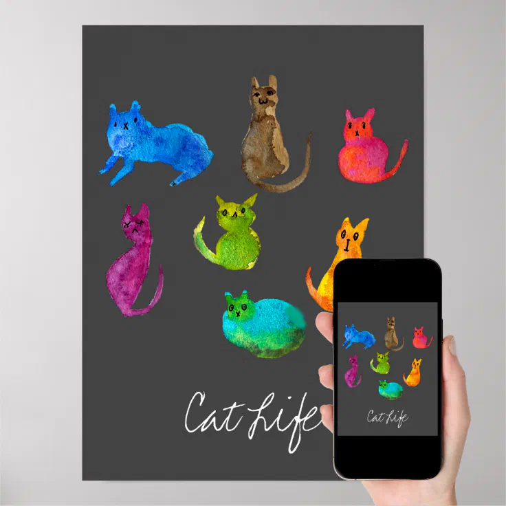 Colorful crazy cats in watercolor poster | Zazzle