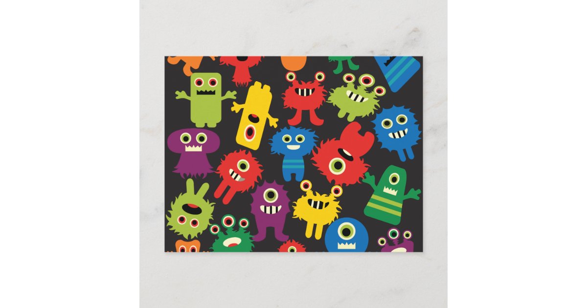 Colorful Crazy Fun Monsters Creatures Pattern Postcard | Zazzle
