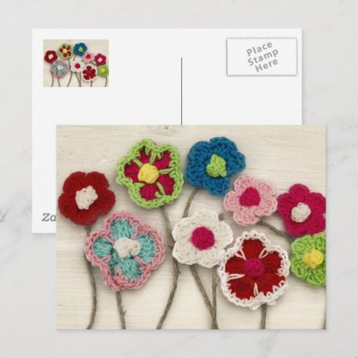 colorful crocheted flowers postcard | Zazzle