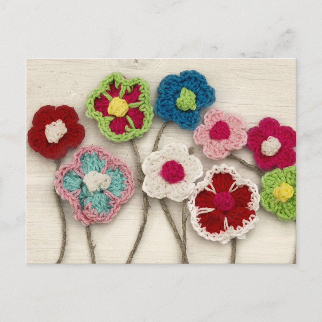 colorful crocheted flowers postcard | Zazzle