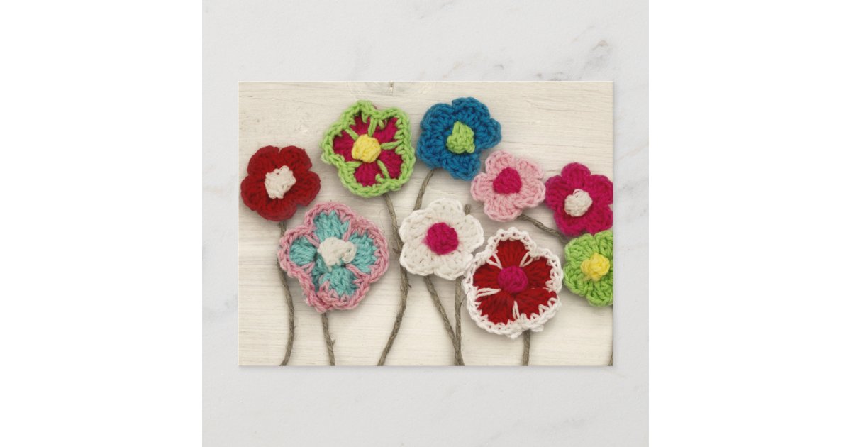 colorful crocheted flowers postcard | Zazzle