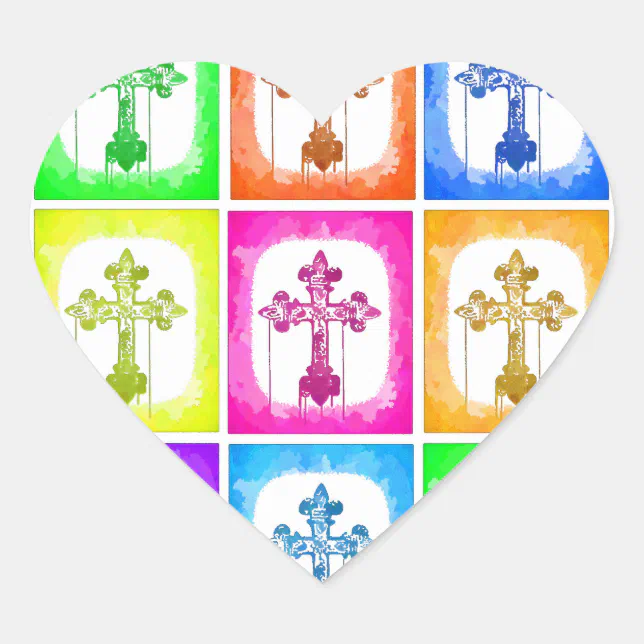 Colorful Crosses Christian Pop Art Heart Sticker | Zazzle