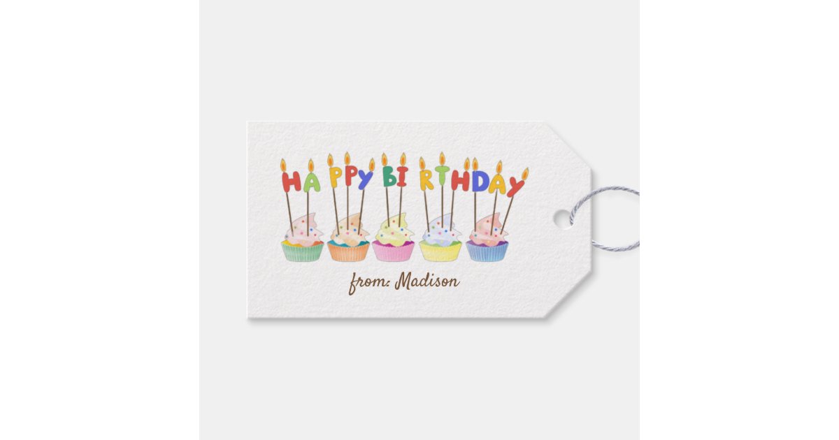 Colorful Cupcakes And Candles Happy Birthday Gift Tags | Zazzle