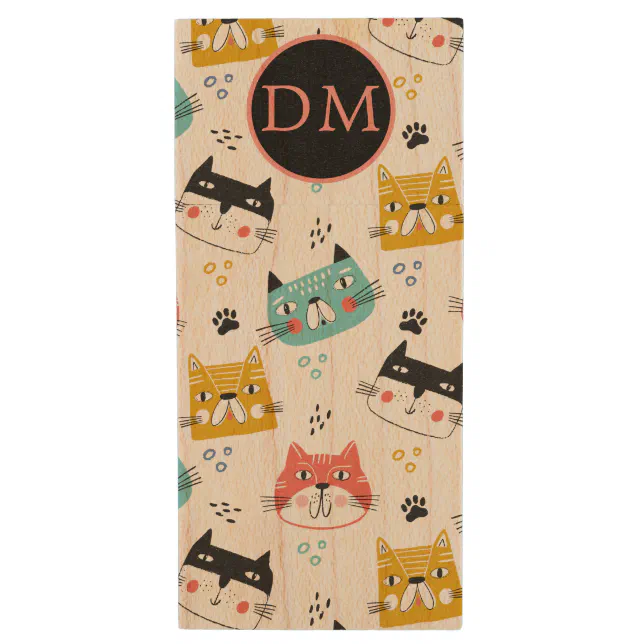 Colorful Cute Cat Faces Monogram Wood Flash Drive | Zazzle