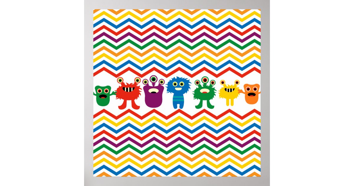 Colorful Cute Monsters Fun Chevron Striped Pattern Poster | Zazzle