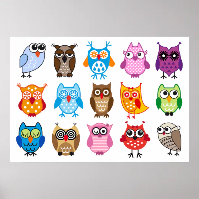 Colorful cute owls poster | Zazzle