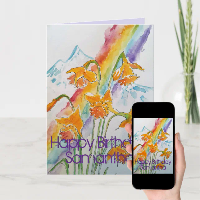 Colorful Daffodil Rainbow Watercolor Birthday Card | Zazzle