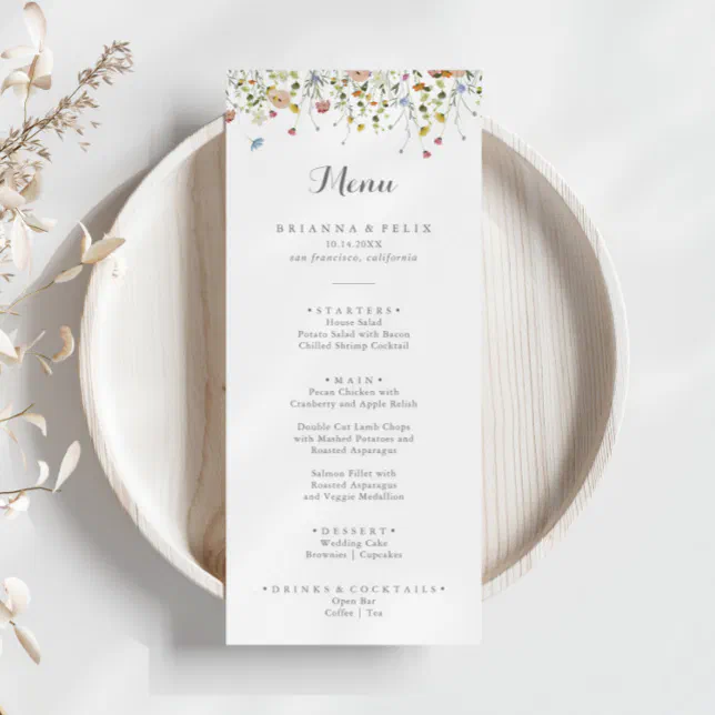 Colorful Dainty Wild Flowers Calligraphy Dinner Menu | Zazzle