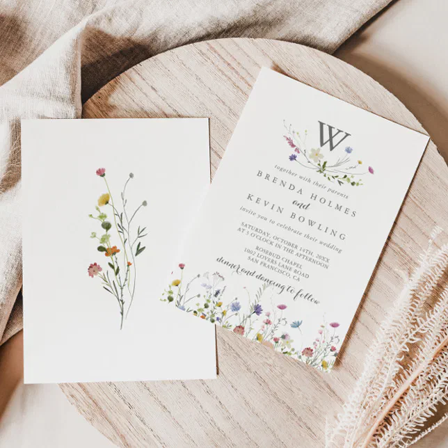 Colorful Dainty Wild Flowers Monogram Wedding Invitation | Zazzle