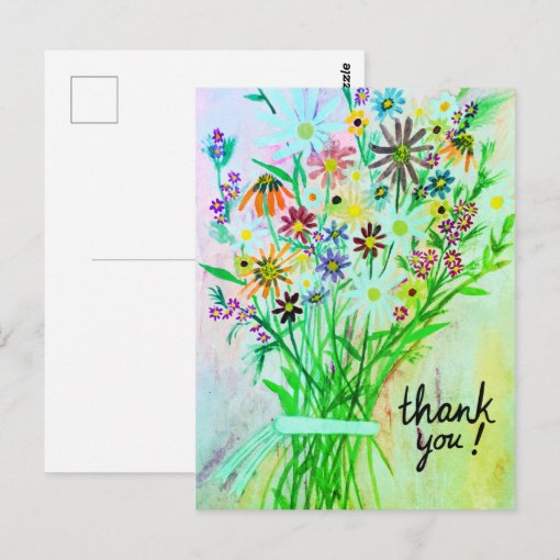 Colorful Daisy Bouquet Thank You Green Postcard | Zazzle