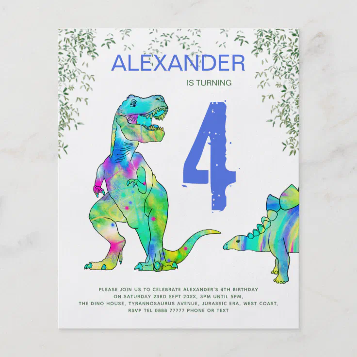 Colorful Dinosaur 4th Birthday Party Budget Flyer | Zazzle