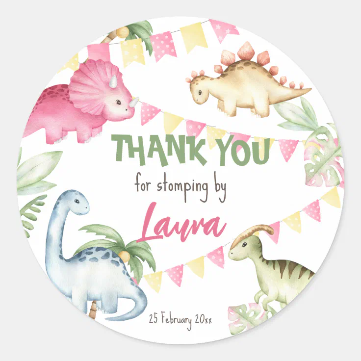 Colorful dinosaur birthday party thank you gift classic round sticker ...