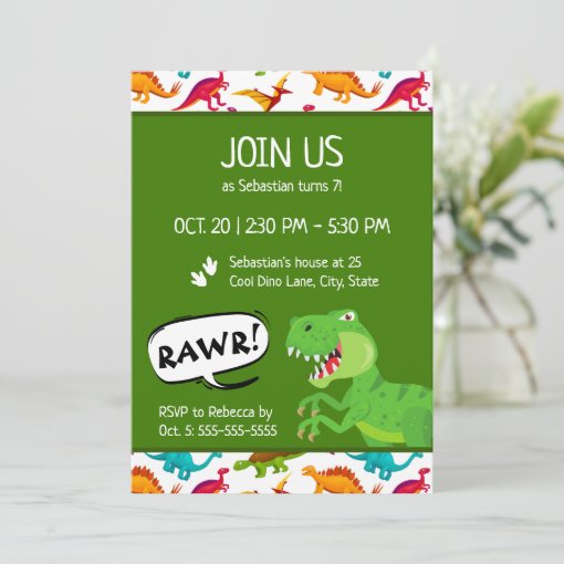Colorful Dinosaur Pattern T-Rex Birthday Party Invitation | Zazzle