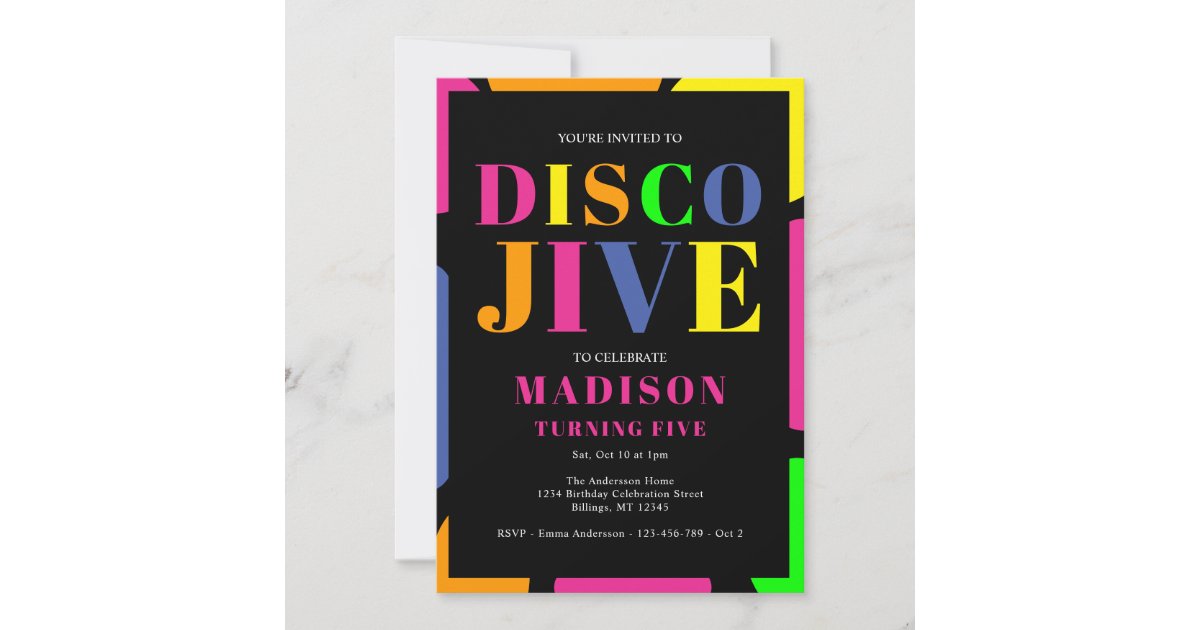 Colorful Disco Jive Turning Five Birthday Party Invitation | Zazzle