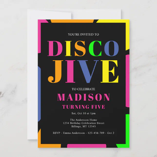 Colorful Disco Jive Turning Five Birthday Party Invitation | Zazzle