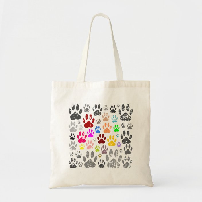 Colorful Distressed Dog Paw Prints On Gray Tote Bag | Zazzle.com