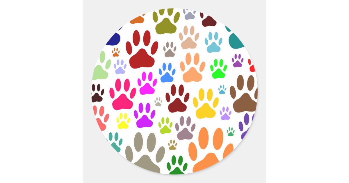 Colorful Dog Paw Prints All Over Classic Round Sticker | Zazzle