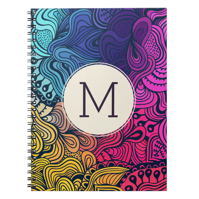 Colorful Doodle Swirls Monogram Notebook | Zazzle
