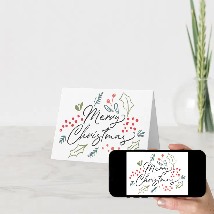 Colorful Doodles Merry Christmas Modern Script Card | Zazzle