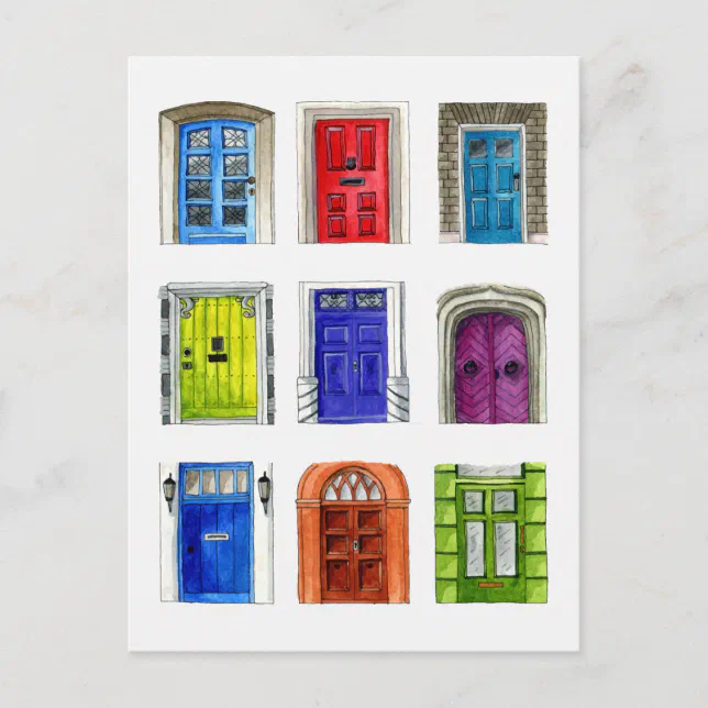 Colorful Doors Illustration Postcard | Zazzle