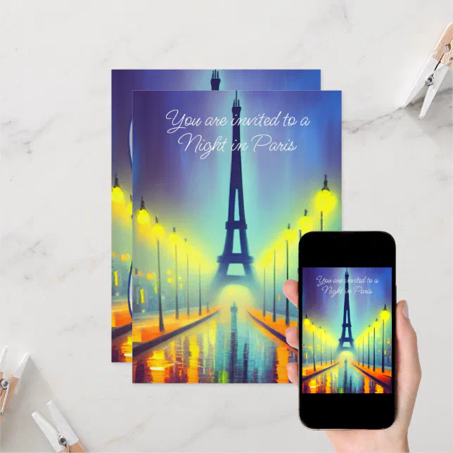Colorful Eiffel Tower at Night Party Invitation | Zazzle