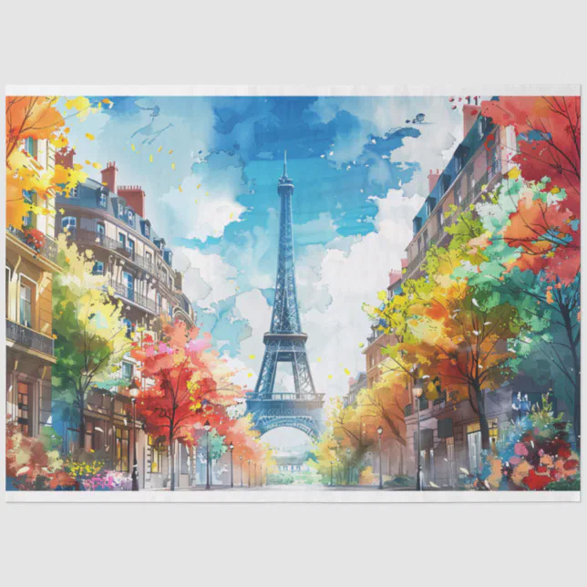 Colorful Eiffel Tower Paris Watercolor Decoupage Tissue Paper | Zazzle