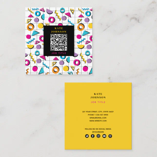 Colorful Eighties 80's Retro Geometric QR Code Square Business Card ...