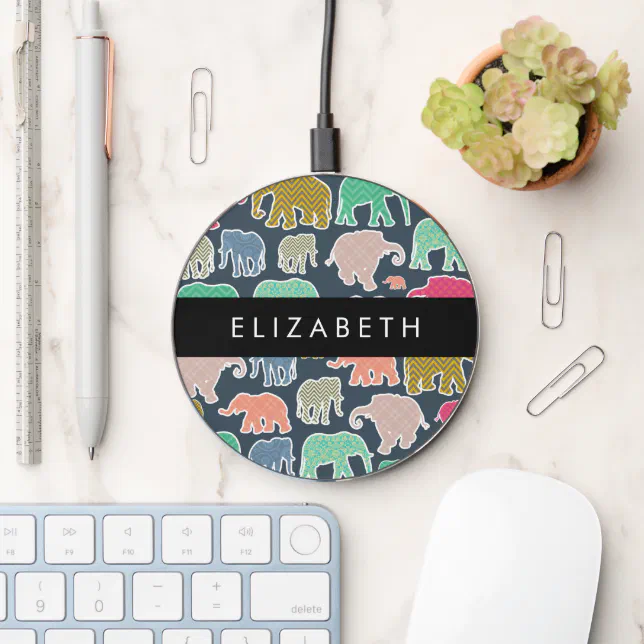 Colorful Elephants, Elephant Pattern, Your Name Wireless Charger | Zazzle