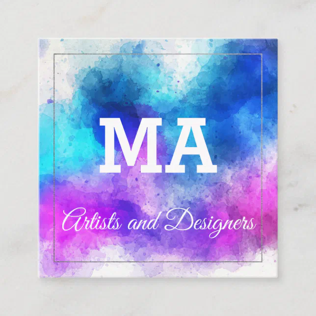 Colorful Expressive Watercolor Monogram Square Business Card | Zazzle