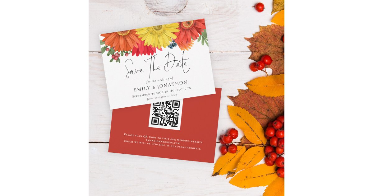 Colorful Fall Floral QR Code Wedding Save The Date | Zazzle