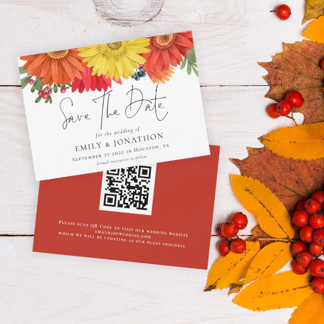 Colorful Fall Floral QR Code Wedding Save The Date | Zazzle