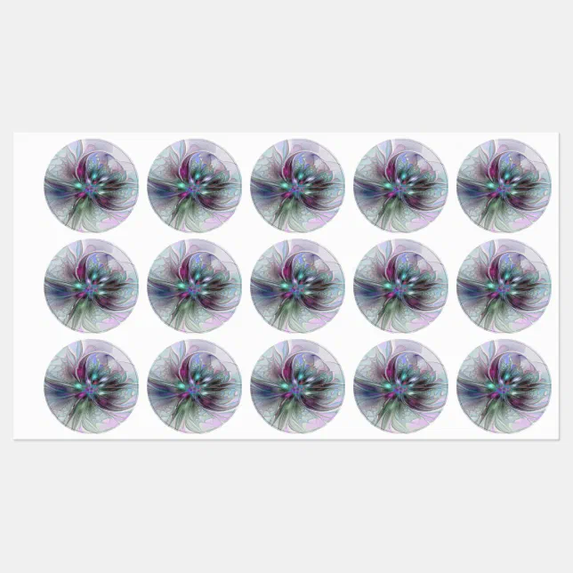 Colorful Fantasy Abstract Modern Fractal Flower Labels | Zazzle