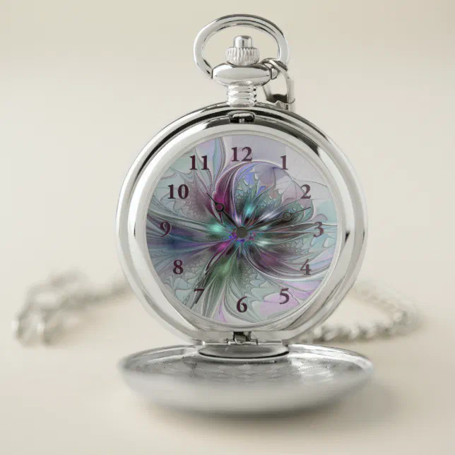 Colorful Fantasy Abstract Modern Fractal Flower Pocket Watch | Zazzle