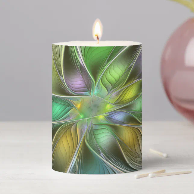 Colorful Fantasy Flower Modern Abstract Fractal Pillar Candle | Zazzle