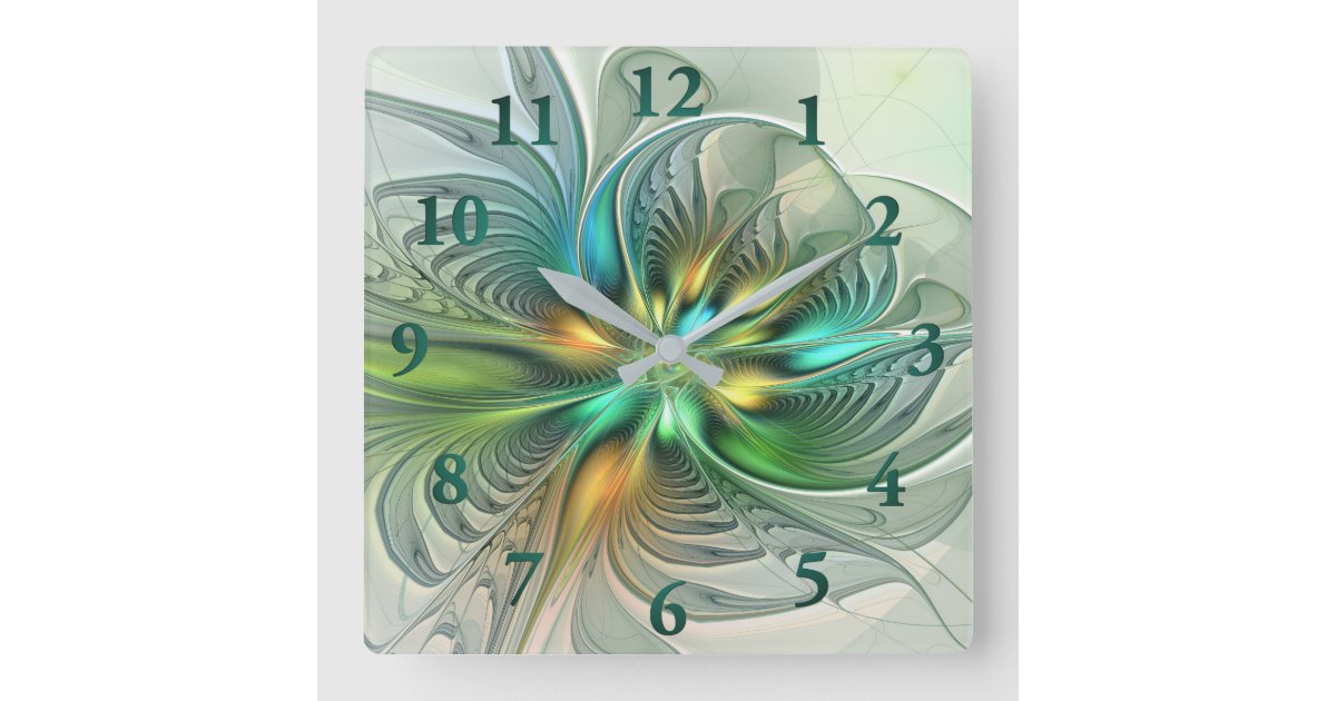 Colorful Fantasy Modern Abstract Flower Fractal Square Wall Clock | Zazzle