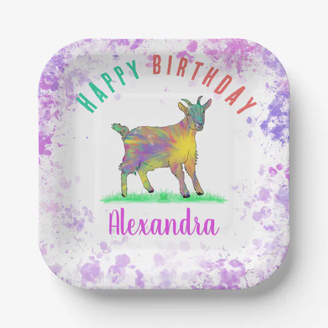 Colorful Farm Goat Girls Birthday Party Name Paper Plates | Zazzle