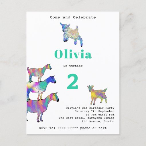 Colorful Farm Goats Birthday Party Invitation Postcard | Zazzle