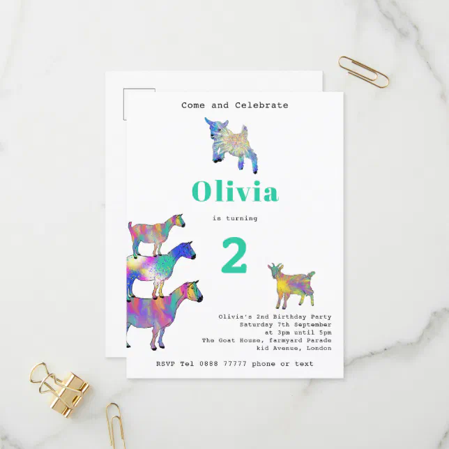 Colorful farm Goats Birthday Party Invitation Postcard | Zazzle