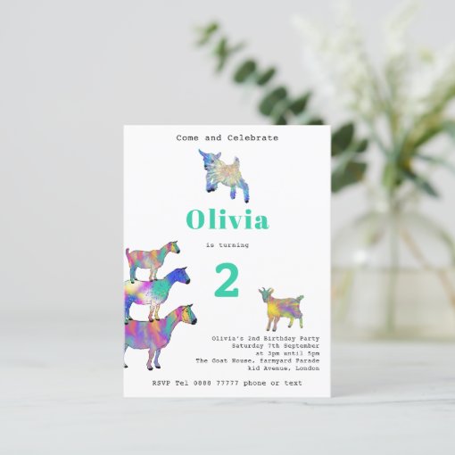 Colorful Farm Goats Birthday Party Invitation Postcard | Zazzle