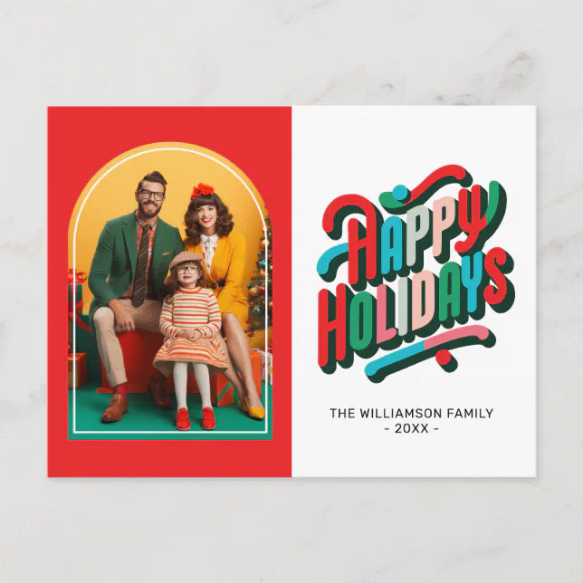 Colorful Festive Retro Arch Family Photo Holiday Postcard | Zazzle