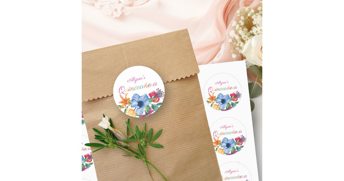 Colorful Fiesta Flowers White Floral Quinceanera Classic Round Sticker ...
