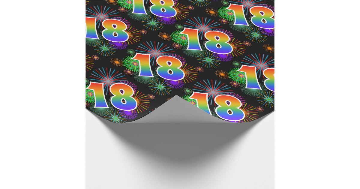 Colorful Fireworks + Rainbow Pattern "18" Event # Wrapping Paper | Zazzle