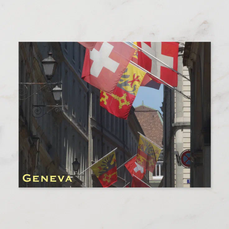 Colorful Flags in Geneva, Switzerland Postcard | Zazzle
