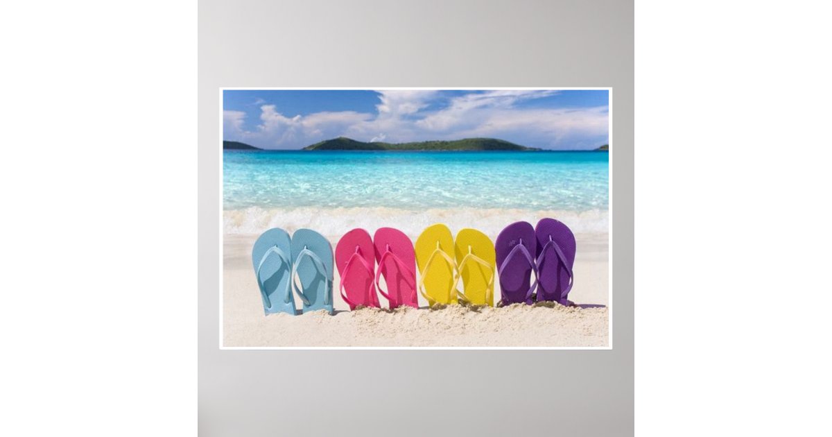 Colorful Flip Flops in the Sand Poster | Zazzle