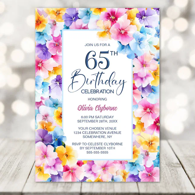 Colorful Floral 65th Birthday Party Invitation | Zazzle