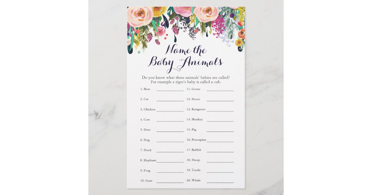 Colorful Flower Baby Shower Baby Animal Name Game | Zazzle
