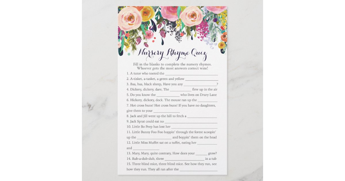 Colorful Flower Baby Shower Nursery Rhyme Quiz | Zazzle