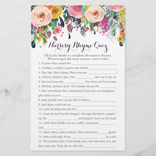 Colorful Flower Baby Shower Nursery Rhyme Quiz | Zazzle