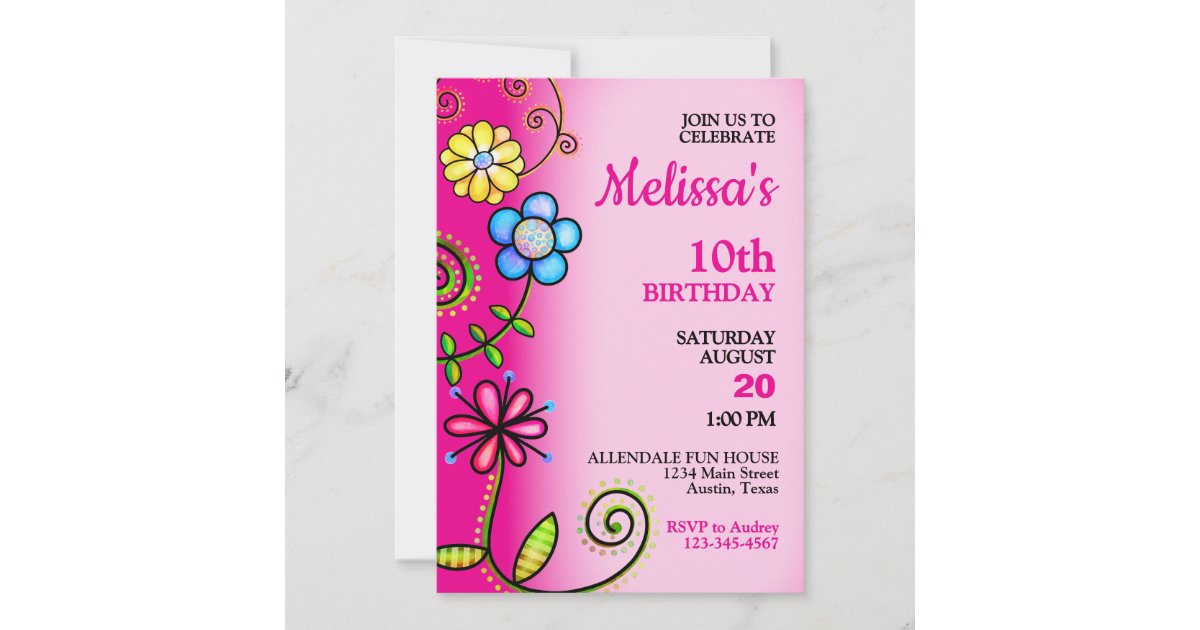 Colorful Flower Doodles Birthday Party Invitation | Zazzle